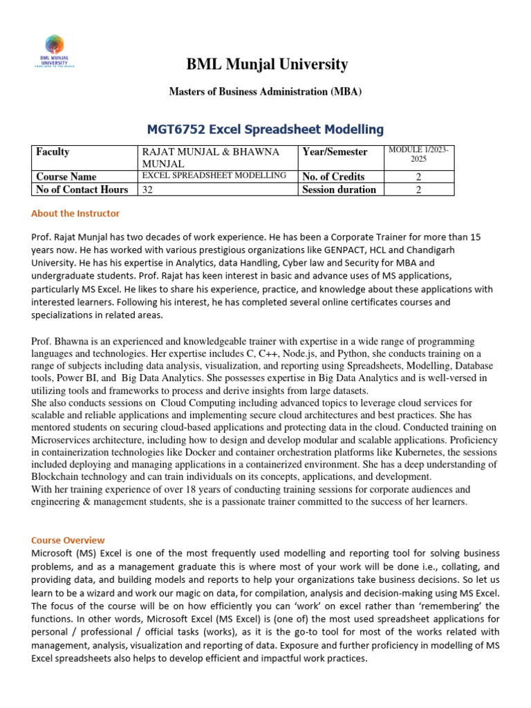Revised 2 Excel Spreadsheet Modelling Course Outline Updated Pdf Microsoft Excel Visual