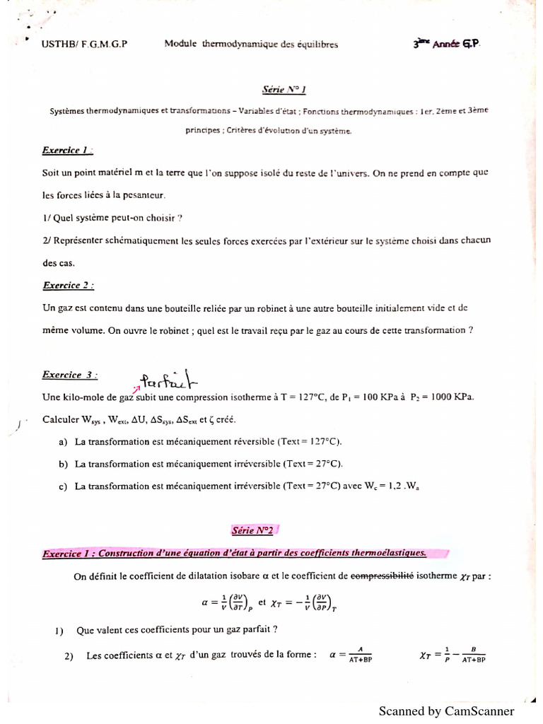 Exercices Corrigés Thermodynamique Des Équilibre | PDF