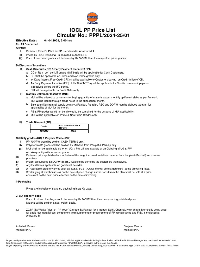 IOC PP Price List 01 Apr 2024 | PDF