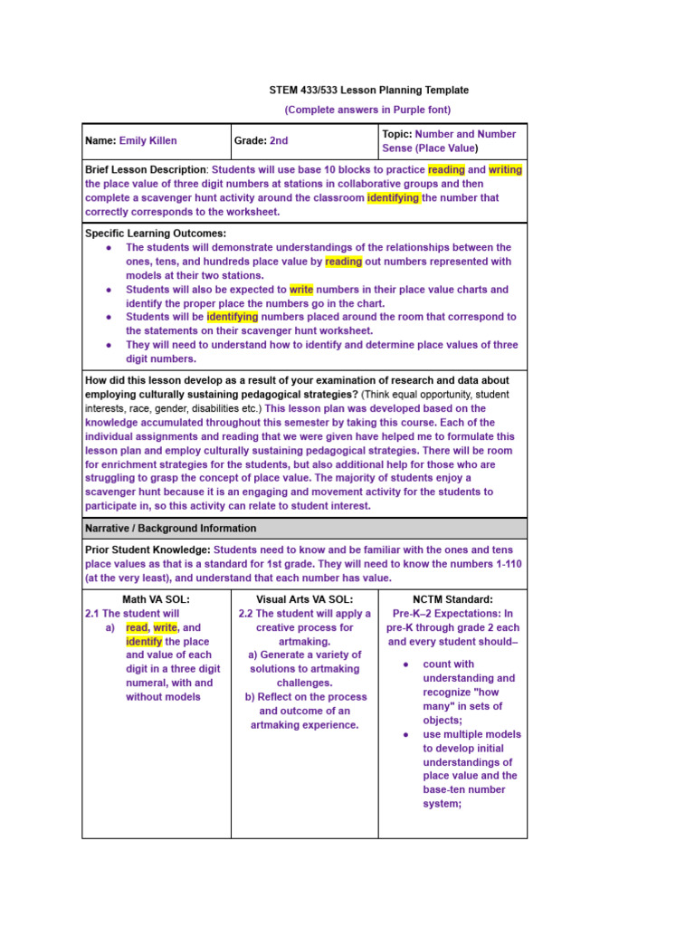stem 433 533 lesson planning template 1 | PDF | Lesson Plan | Behavior Modification