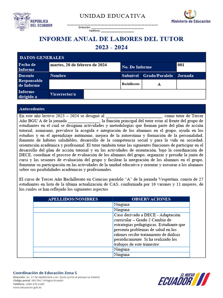Informe Anual de Labores - Tutor-2023-2024 Video | PDF | Evaluación | Aprendizaje