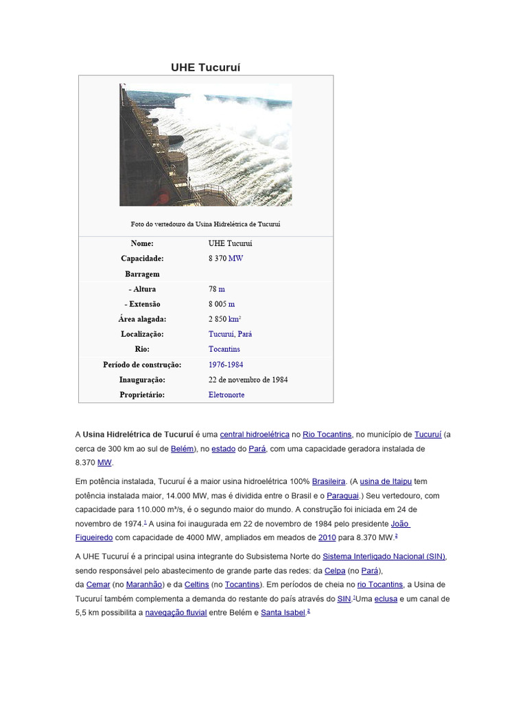 Usina Hidrelétrica de Tucuruí: Dados e História | PDF | Hidrologia
