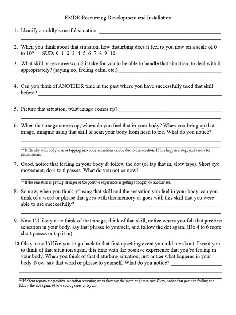 EMDR Resourcing Installation Script Worksheet | PDF | Feeling | Experience