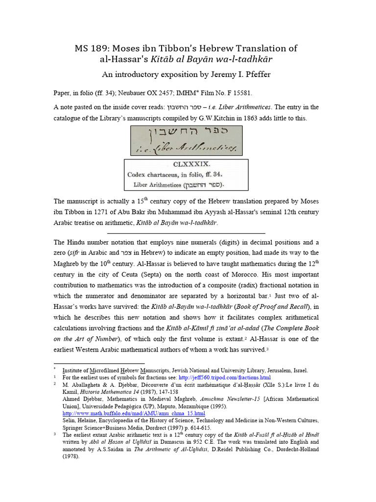 Moses Ibn Tibbon's Hebrew Translation | PDF | Division (Mathematics ...