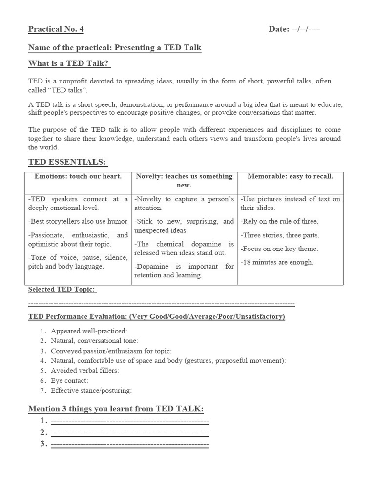 Prac 4 Presenting A TED Talk | PDF | Body Language | Human Communication
