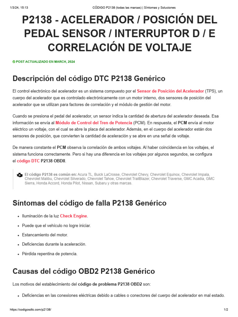 CÓDIGO P2138 (Todas Las Marcas) - Síntomas y Soluciones | PDF ...