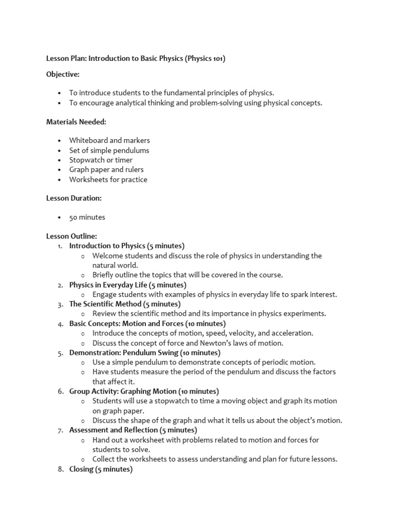 Lesson Plan Introduction To Basic Physics (Physics 101) | PDF | Physics ...