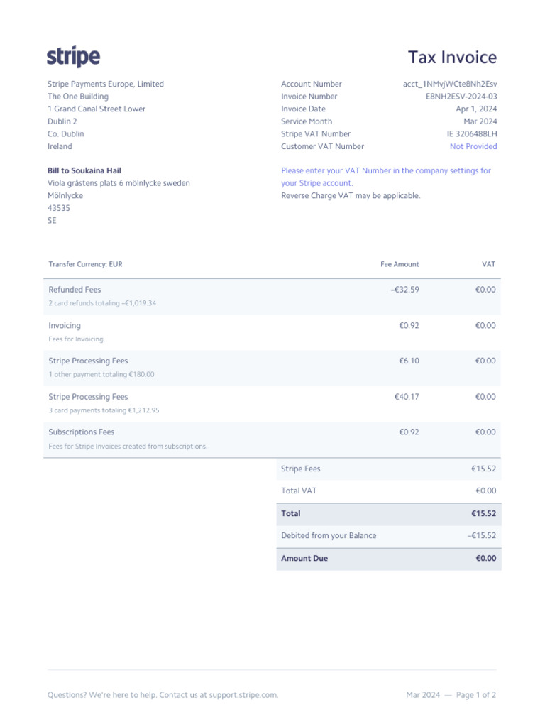 Stripe Tax Invoice E8NH2ESV-2024-03 | PDF | Value Added Tax | Invoice