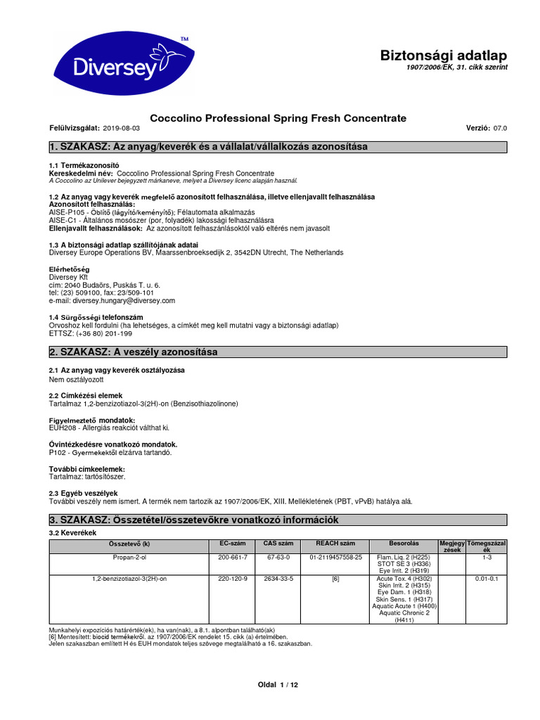 Biztonsagi Adatlap Diversey Coccolino Professional Oblito Spring Fresh ...