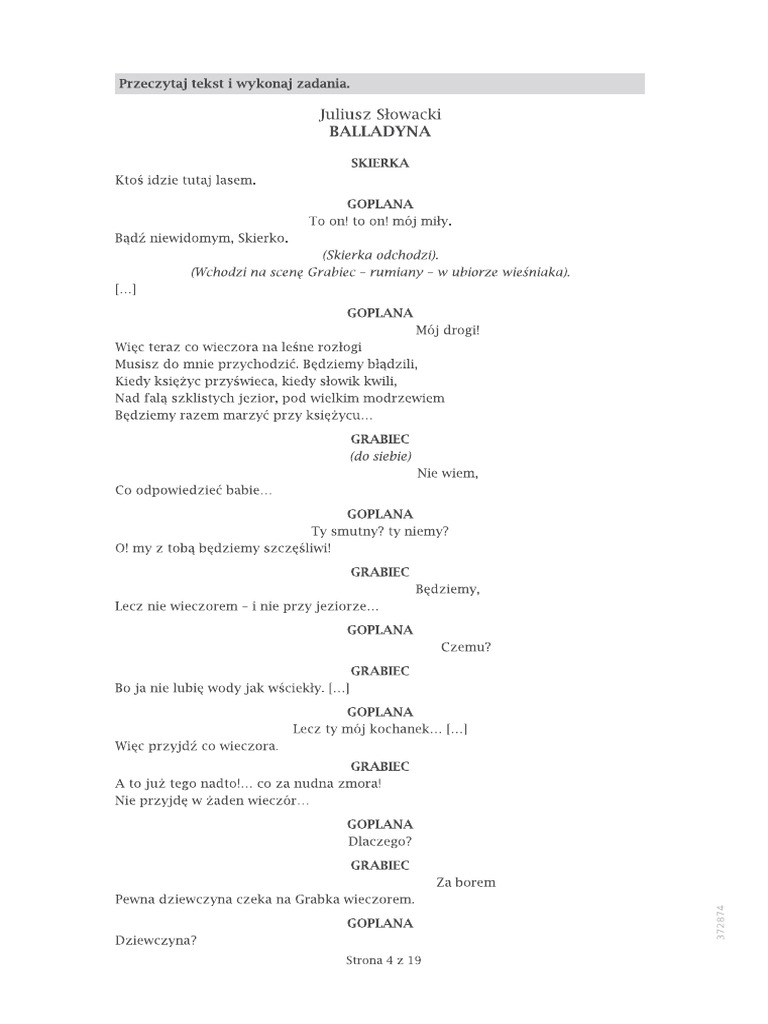 Balladyna - Zadania Egzaminacyjne | PDF