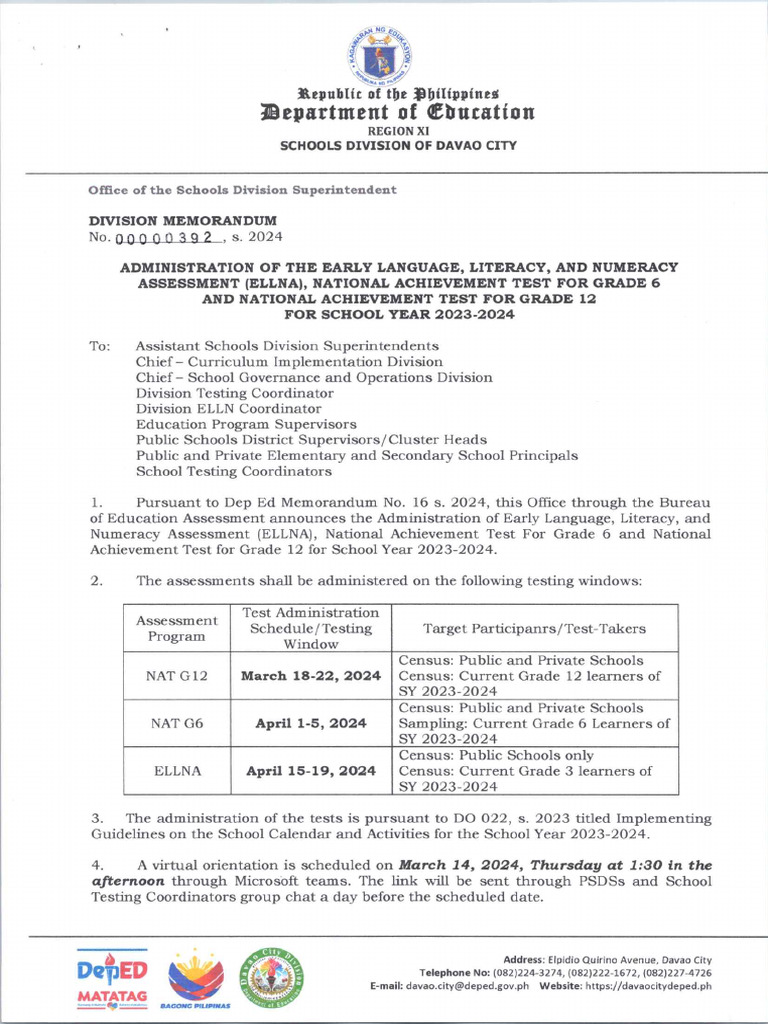 2024 DM No. 392 ADMINISTRATION OF THE EARLY LANGUAGE LITERACY AND ...