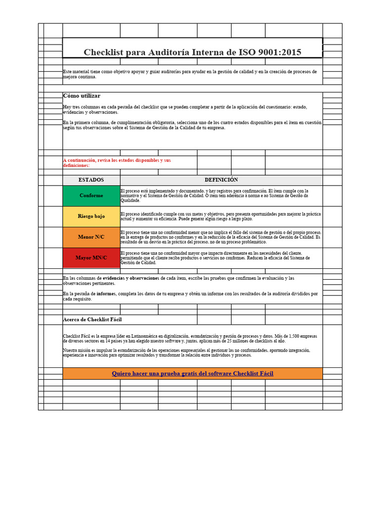 es-modelo-de-checklist-Auditoria-Interna-de-ISO-9001 | PDF | Calidad ...