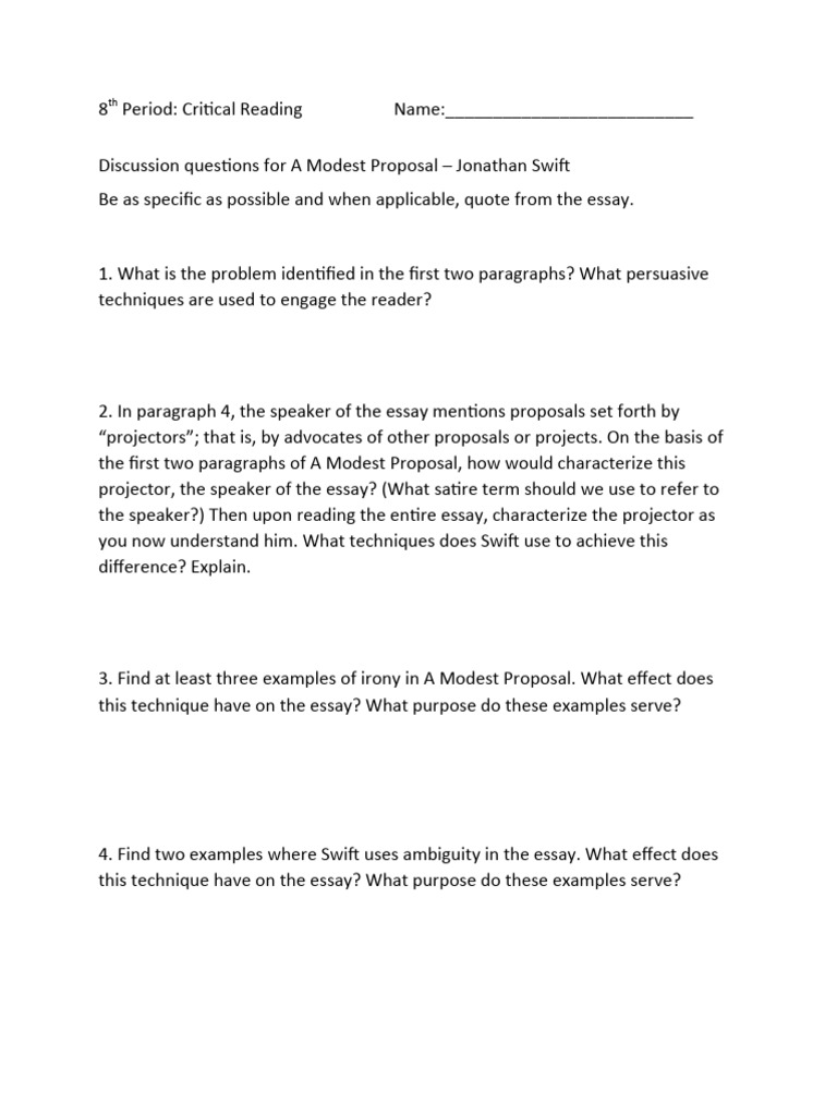 A Modest Proposal Questions | PDF | Persuasion