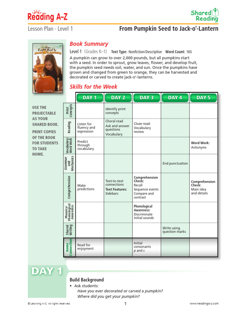 Pumpkin Growth Lesson Plan K-1 | PDF | Reading Comprehension | Phonics