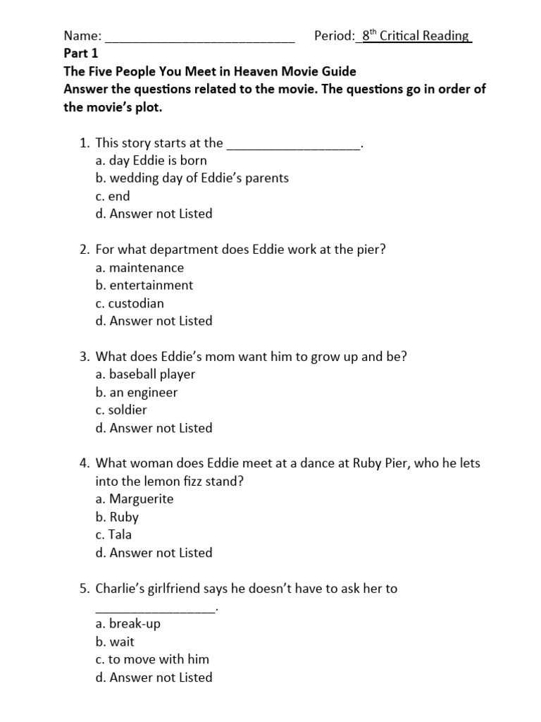 Five People You Meet in Heaven Movie Quiz | PDF