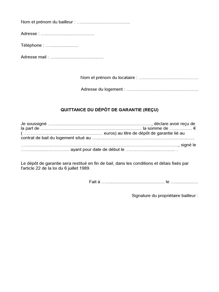 Quittance De Depot De Garantie