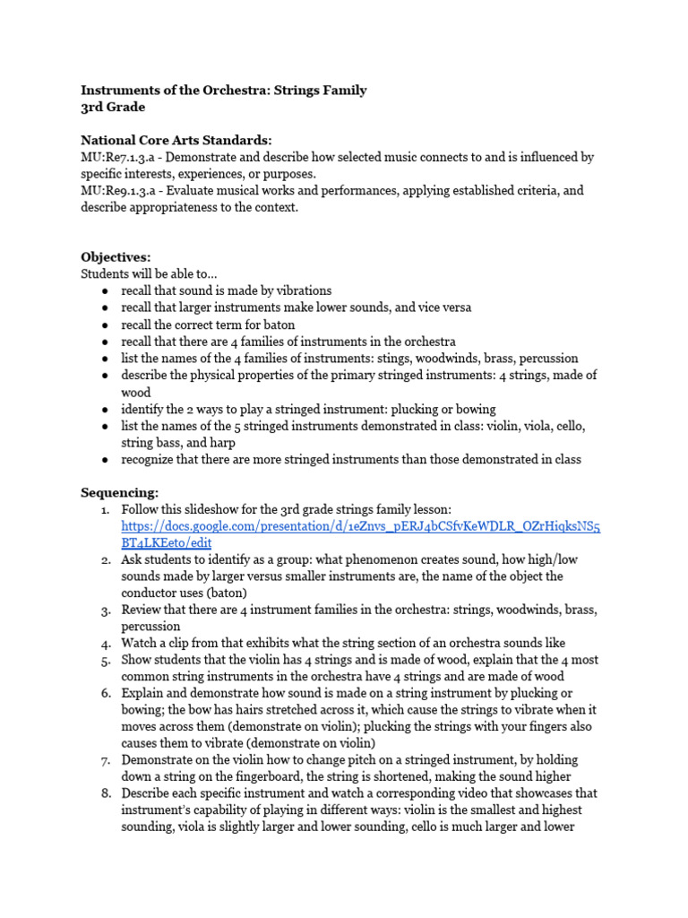 3rd Grade Strings Lesson Plan | PDF | String Instruments | Violin