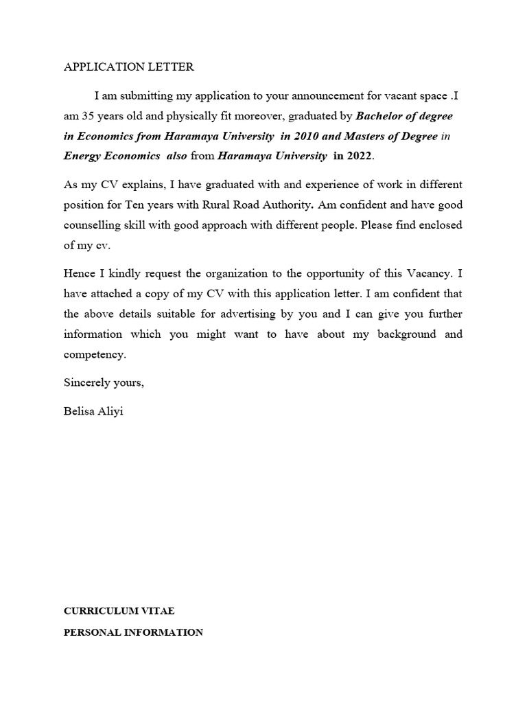 Belisa Aliyi - Application Letter | PDF