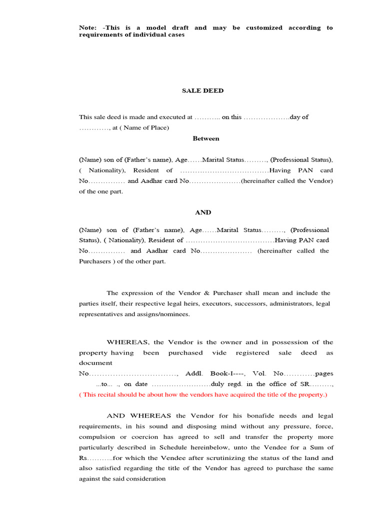 Sale Deed Template for Property Transfer | PDF | Hand | Deed