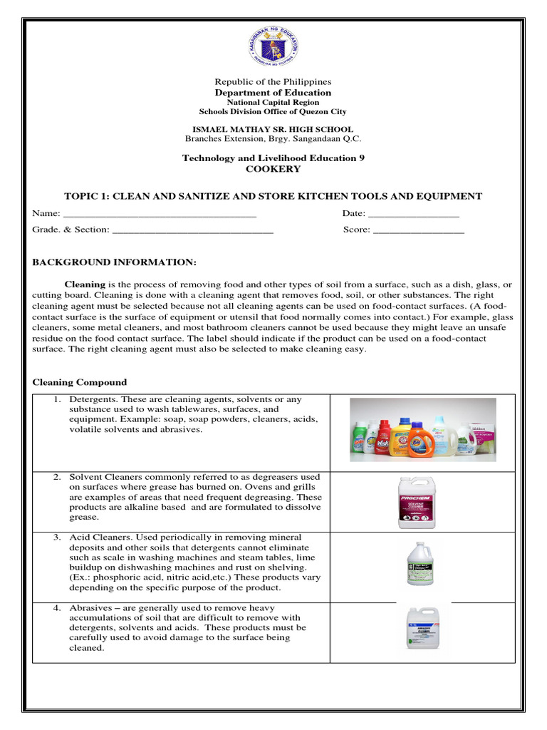 TLE ACTIVITY SHEET 1 Grade 9 Cookery | PDF | Foodborne Illness | Disinfectant