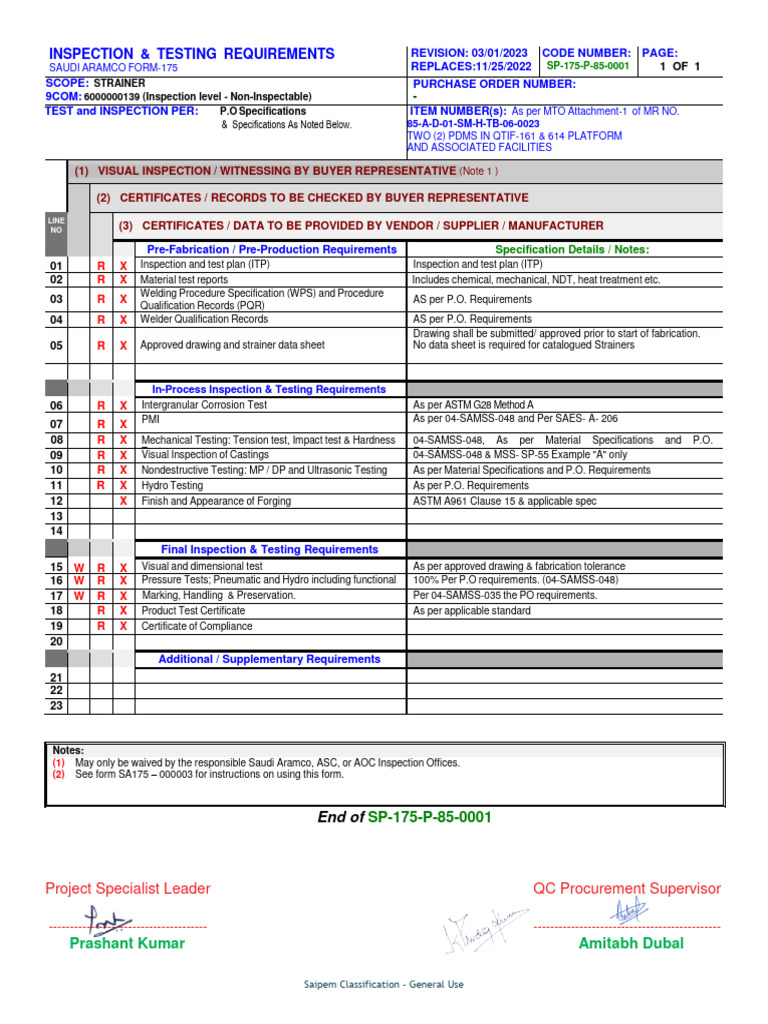 Inspection & Testing Requirements: 85-A-D-01-SM-H-TB-06-0023 | PDF ...