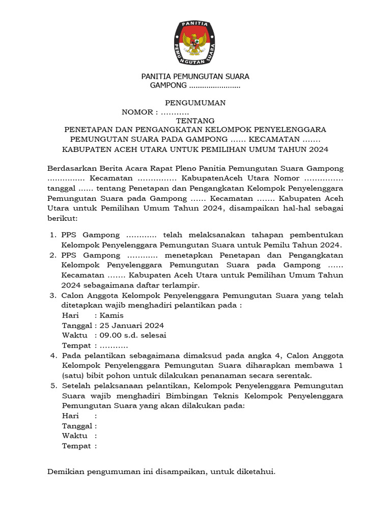 Format Pengumuman Pengangkatan KPPS | PDF