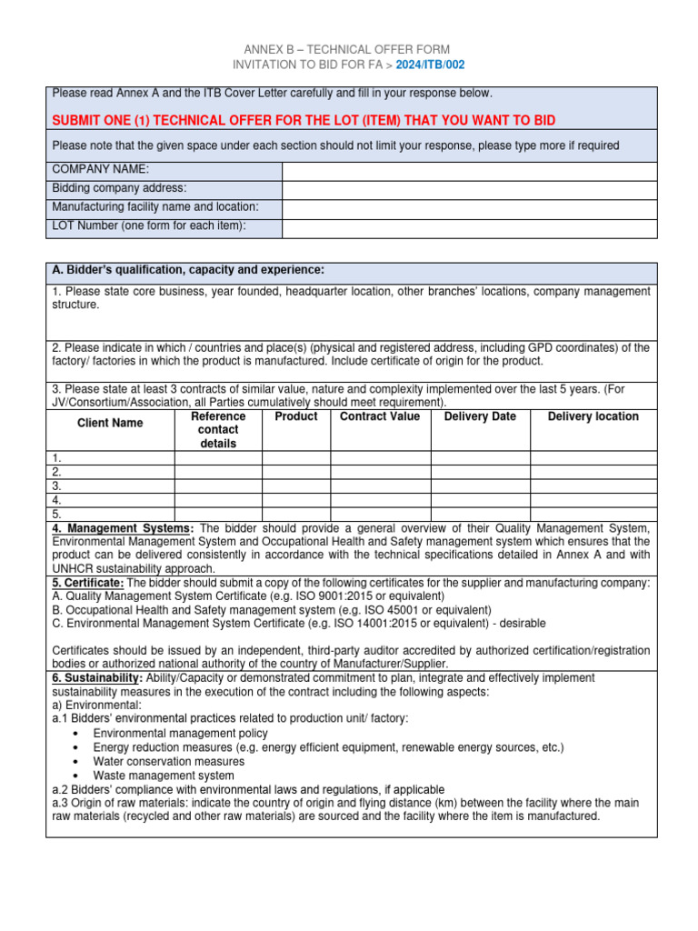 Annex B - Technical Offer Form (LOT 1-9) | PDF | Packaging And Labeling | Specification ...