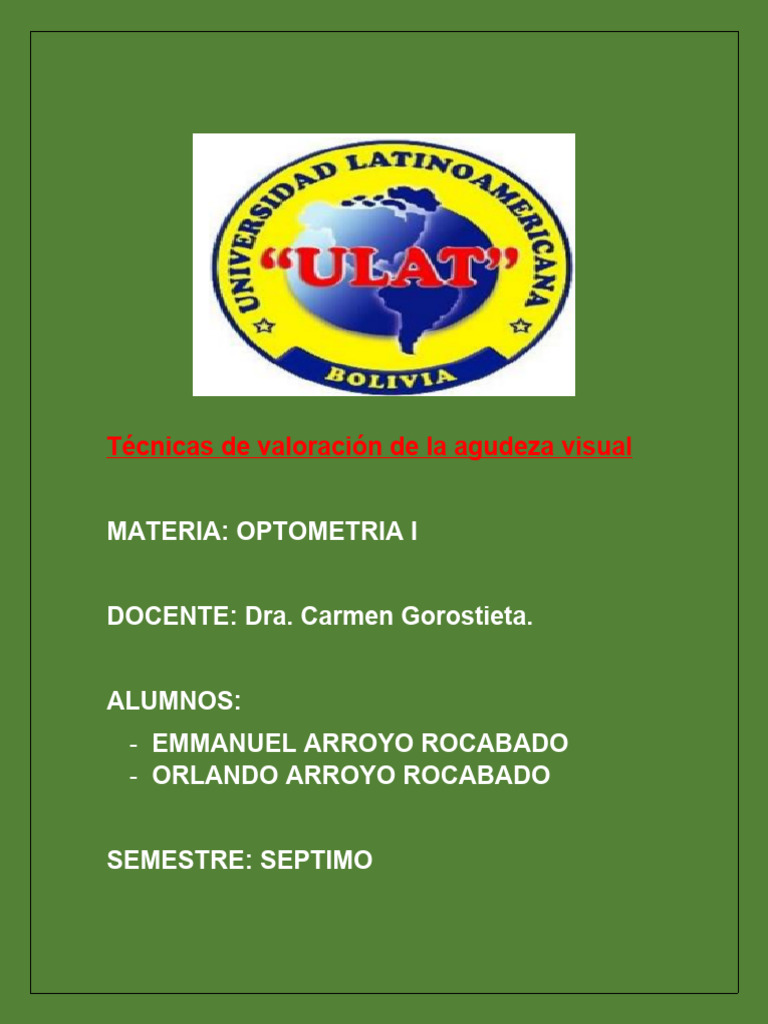 Técnicas de Valoración de La Agudeza Visual: Materia: Optometria I ...