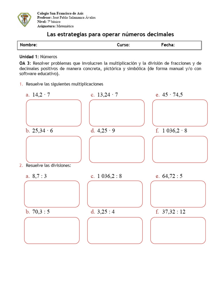 Guía 1 - Multiplicación y División Decimales | PDF