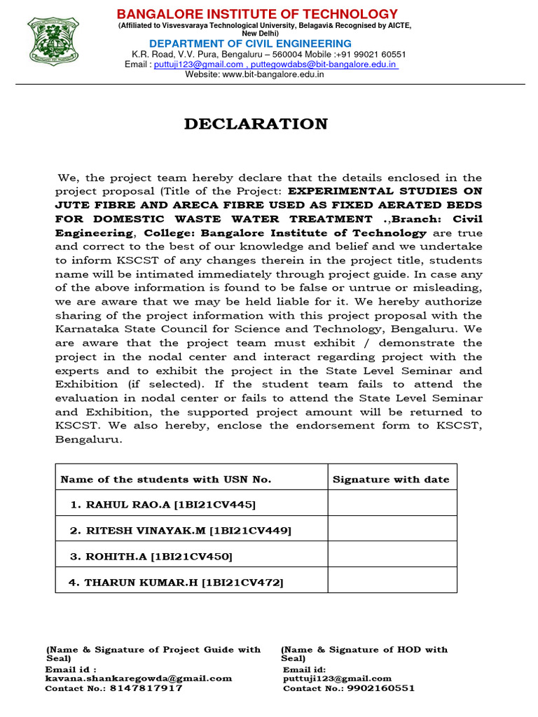 Declaration: Department of Civil Engineering | PDF | Bangalore ...