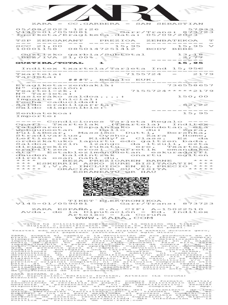 ZARA - S.SEB-GARBERA - Ticket de Compra | PDF