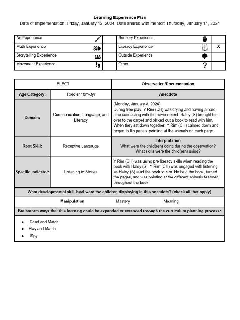 placement 2 literacy learning experience plan 1 | PDF | Experience | Learning