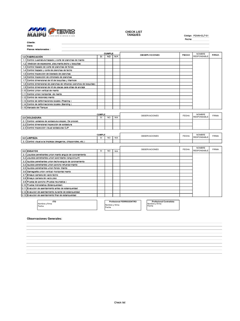 Checklist Tanques | PDF