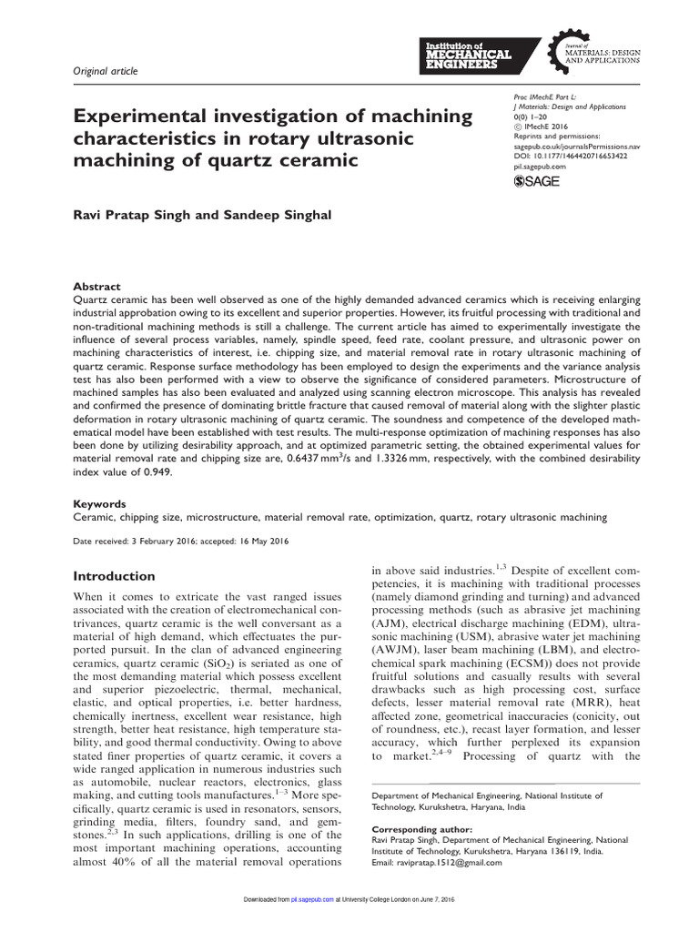 Experimental Investigation of Machining Characteristics in Rotary Ultrasonic Machining of Quartz ...
