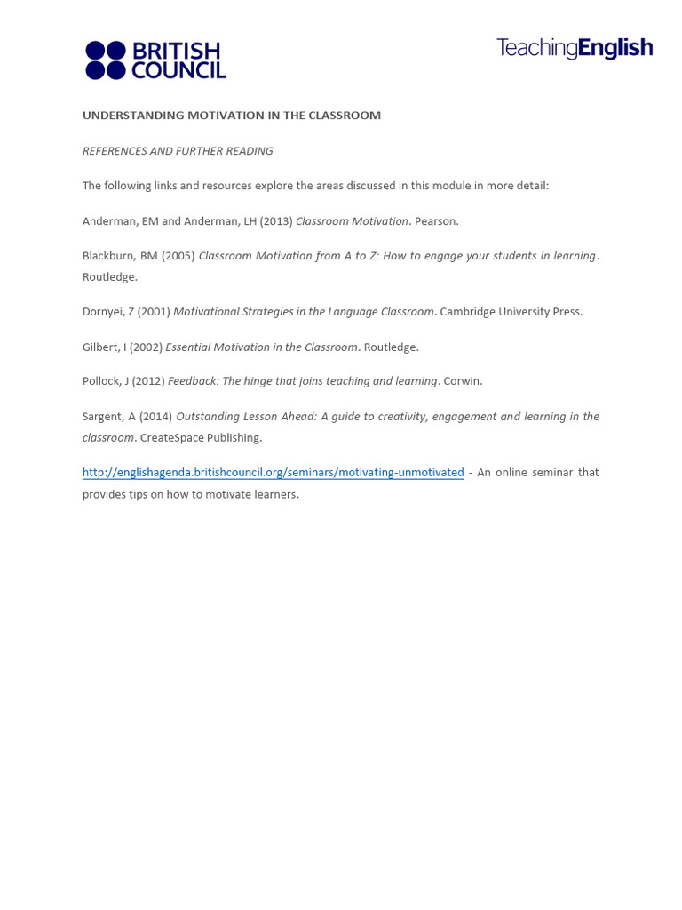 References - Understanding Motivation in The Classroom | PDF