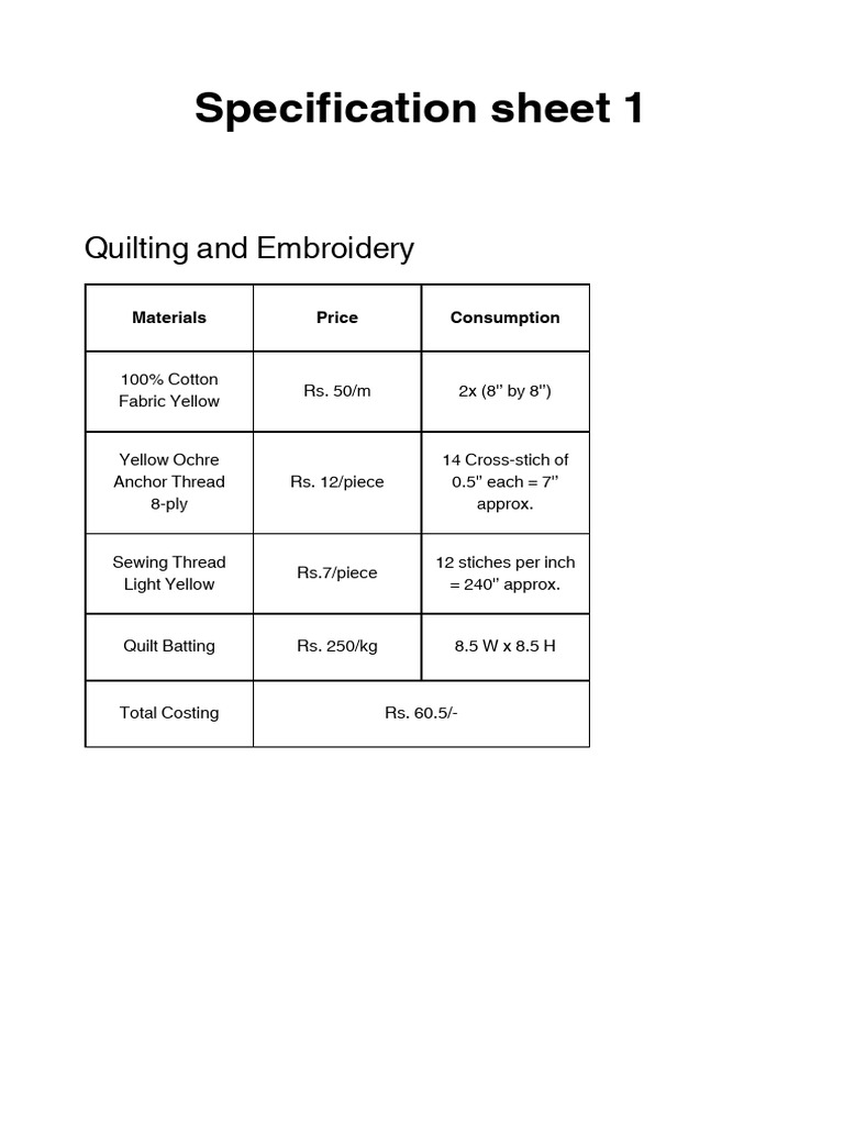 Specification Sheet | PDF | Decorative Arts | Embroidery