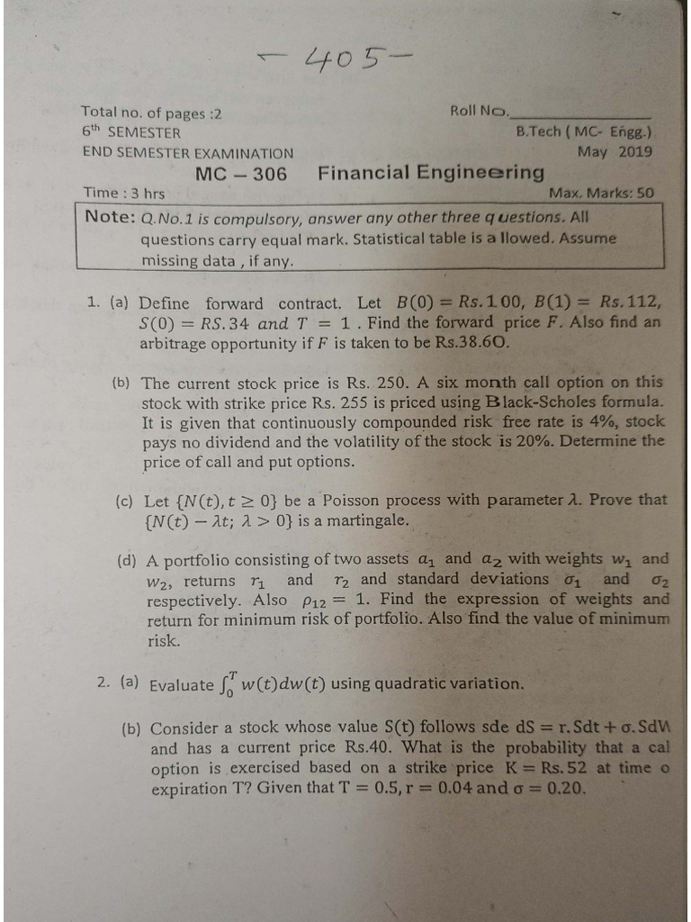Financial Engineering MC306 Endsem 2019 | PDF
