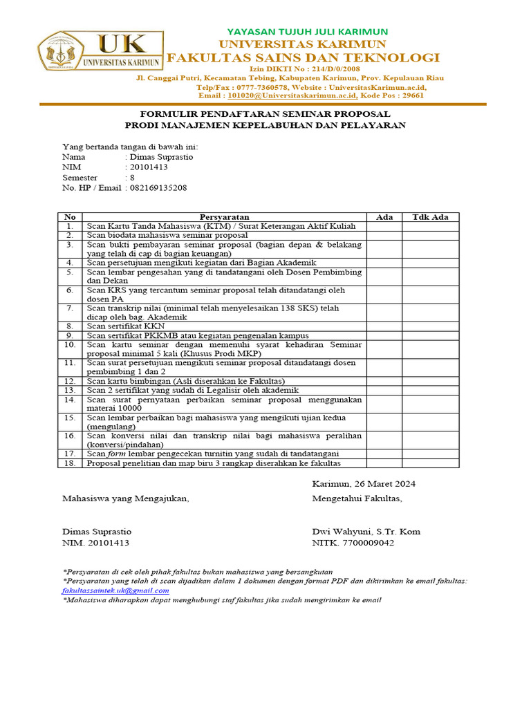 Formulir Pendaftaran Seminar Proposal Terbaru | PDF