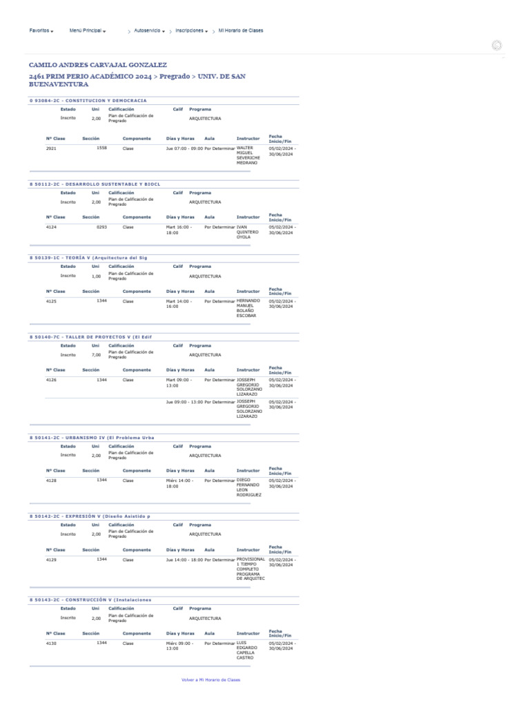 Horario Clases Arquitectura 2024 | PDF