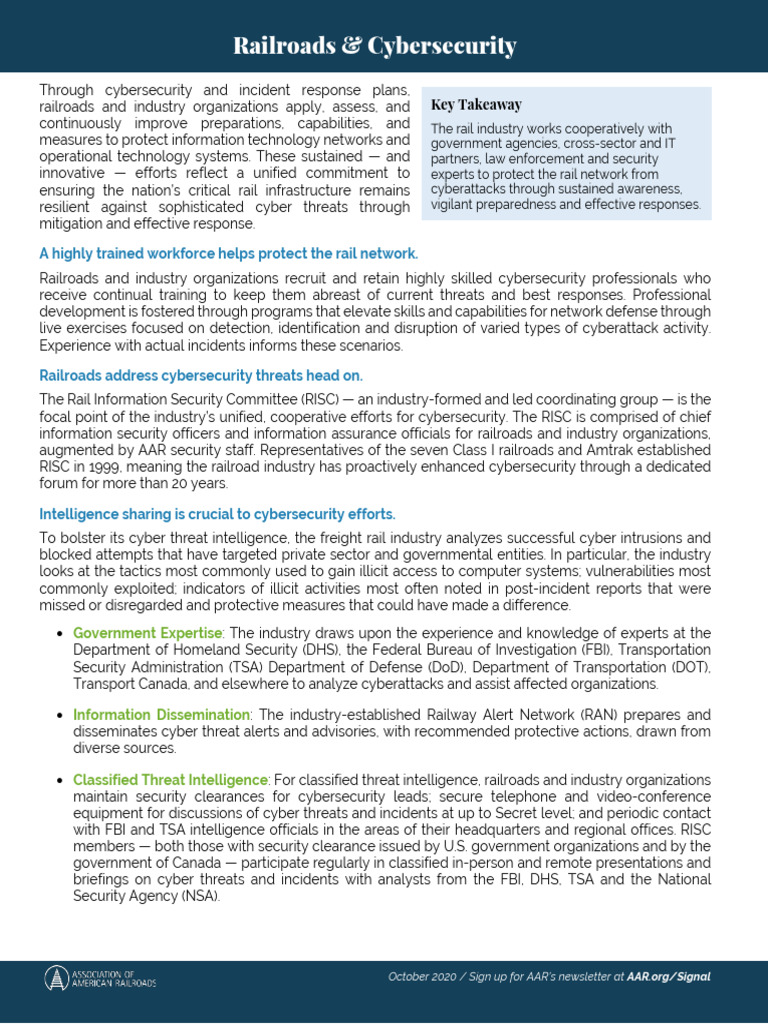 AAR Cybersecurity Fact Sheet | PDF | Security | Computer Security