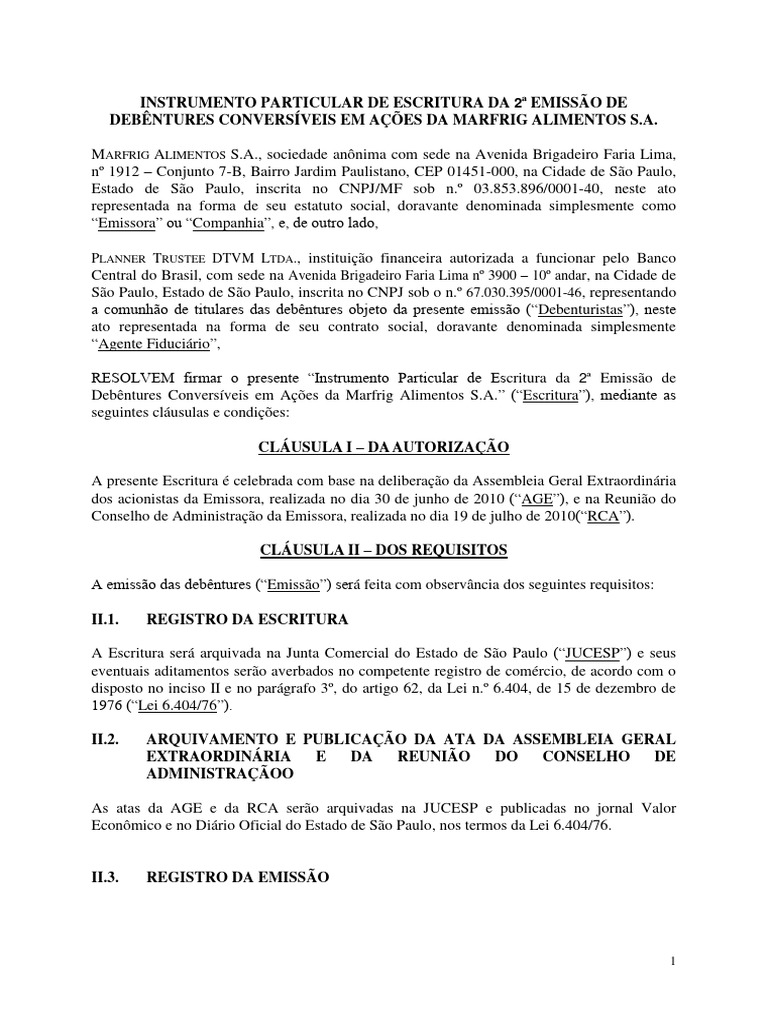 Escritura de Emissão de Debêntures Conversíveis em Ações 2012 | PDF ...