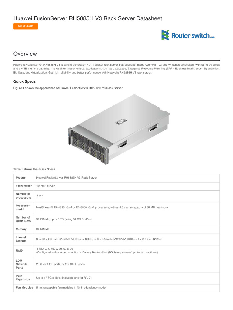 Huawei Fusionserver rh5885h v3 Rack Server Datasheet | Download Free ...