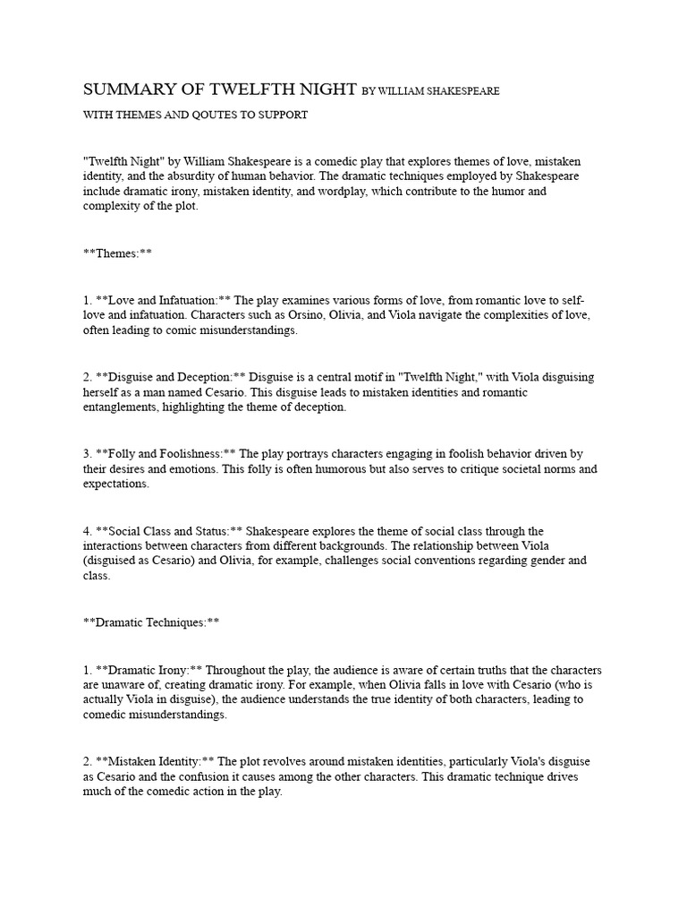 Twelfth Night: Themes & Techniques | PDF | Twelfth Night