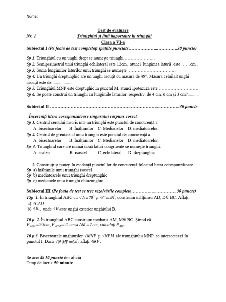 Test de Evaluare Triunghi Si Linii Importante in Triunghi | PDF
