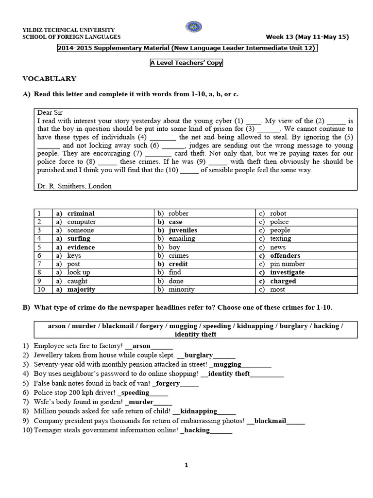 New Language Leader Intermediate Unit 12 - AnswerKey | PDF | Fax | Crimes