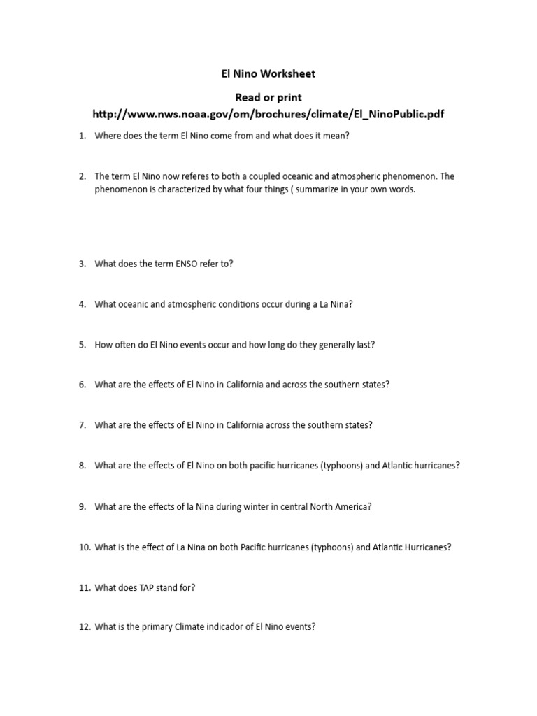 El Nino Worksheet | PDF