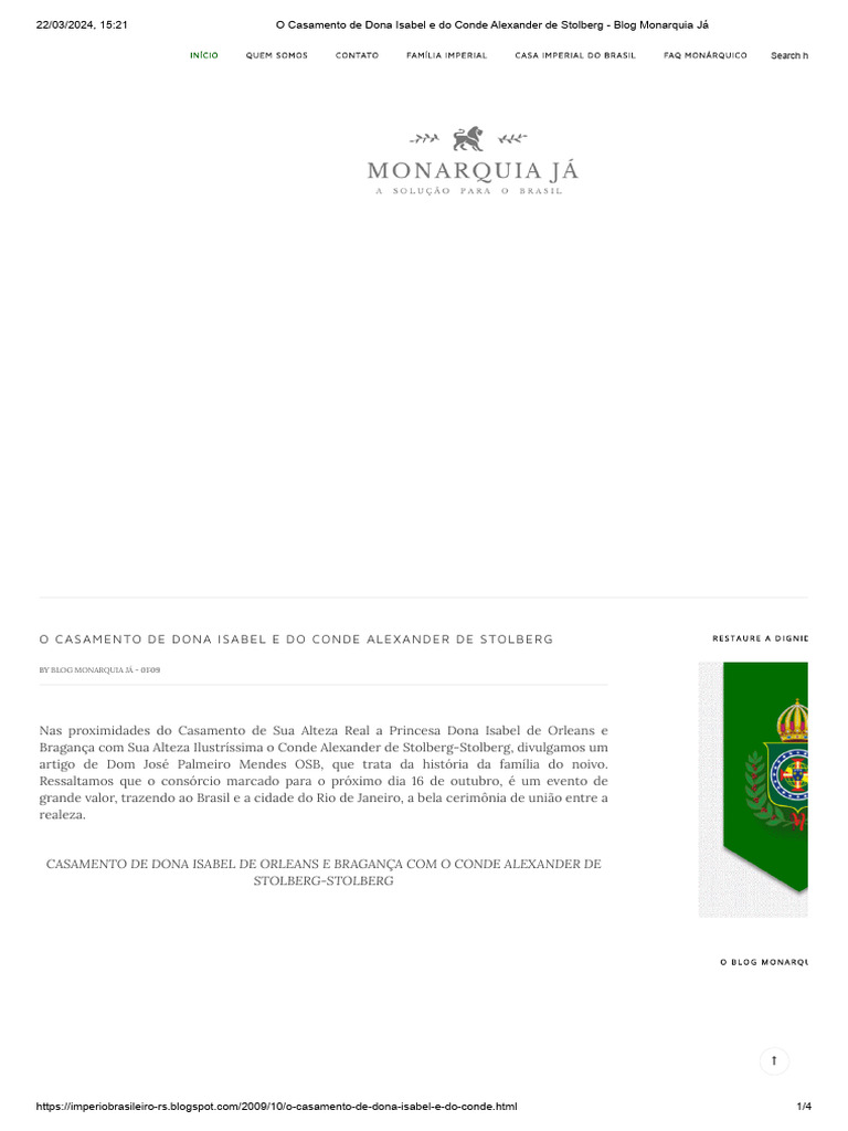 Brasil - O Casamento de Dona Isabel e Do Conde Alexander de Stolberg ...