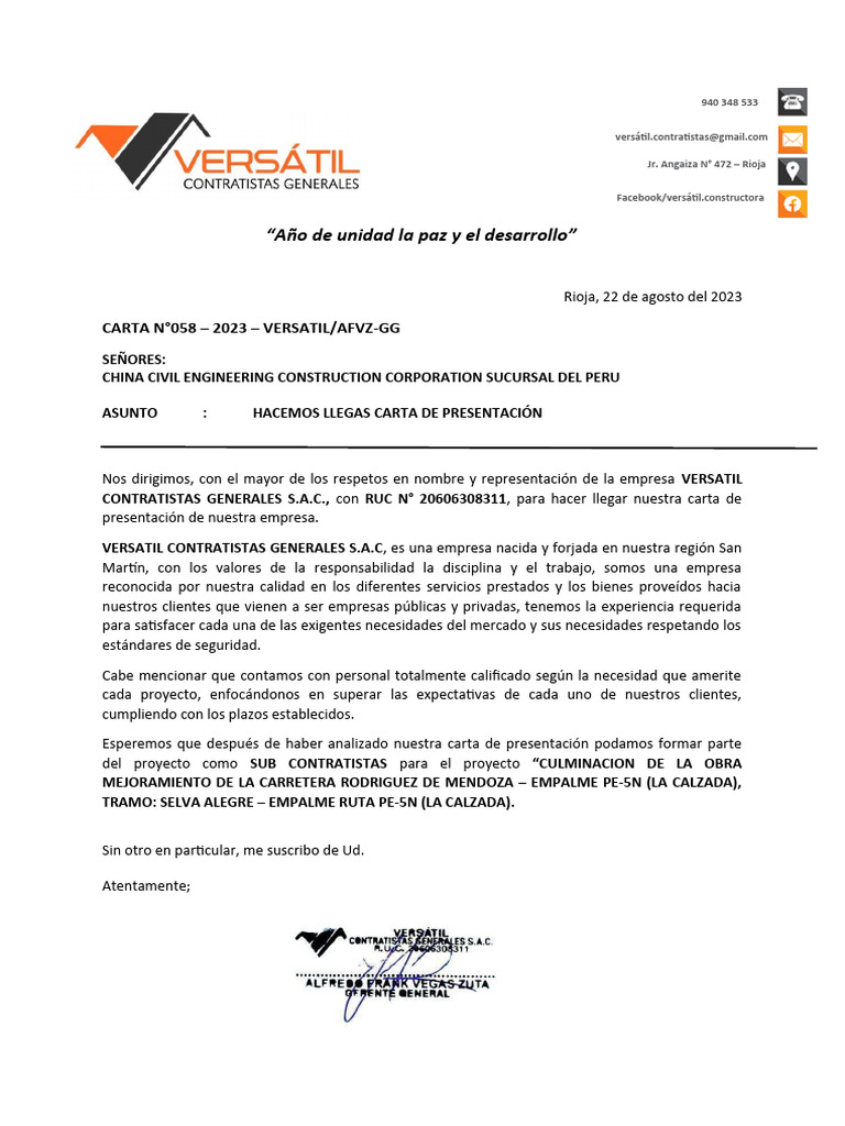 Carta N°058 - Presentacion de Versatil | PDF | Ingenieria Eléctrica | Transformador