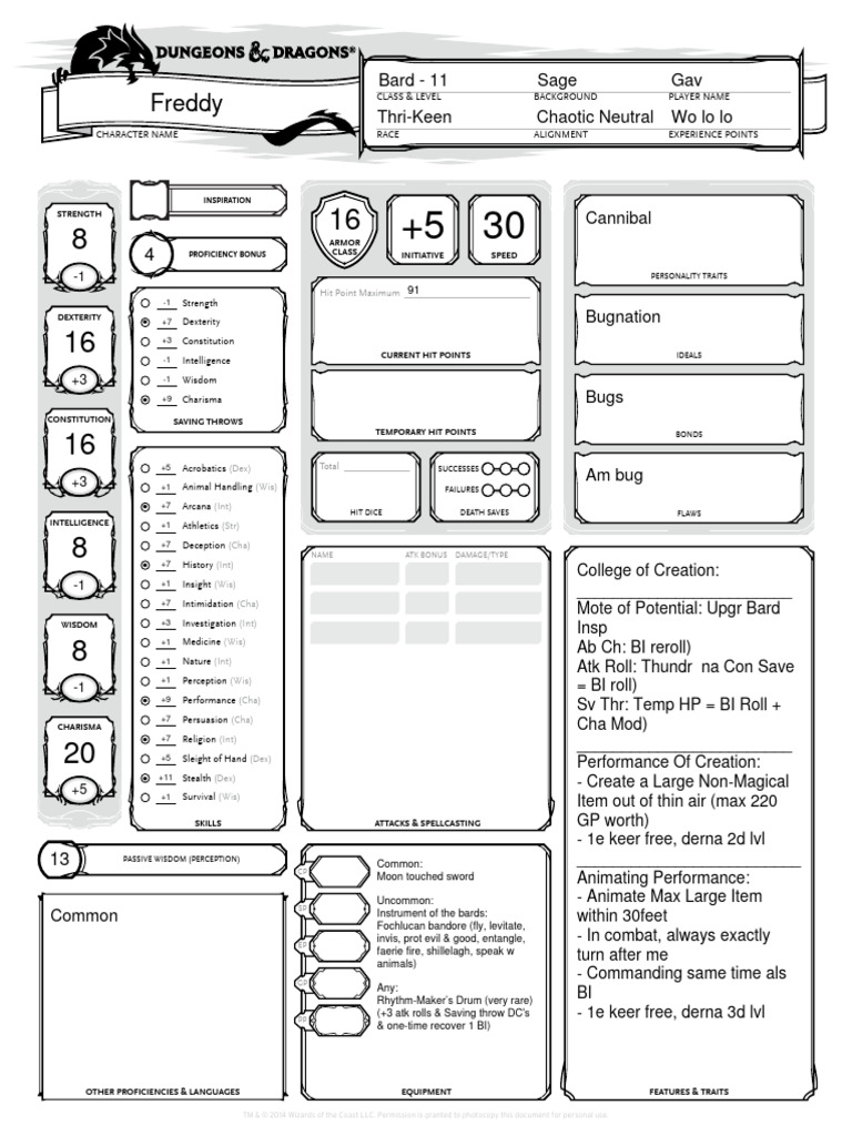 D&D Character Sheet for Bard Class | PDF | Role Playing Games ...