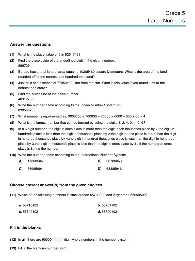 Grade 5 Large Numbers | PDF